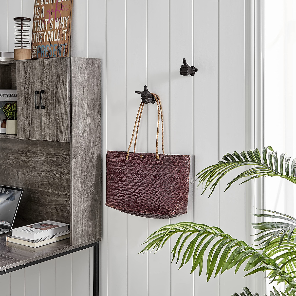 Danya B. "Thumbs up & Pointing Finger Dark Brown Cast Iron Wall Mount Hook Set (Set of 2), Entryway Hooks or Unique Room Decor for Hanging Coats, Purses, Scarves, or Keys