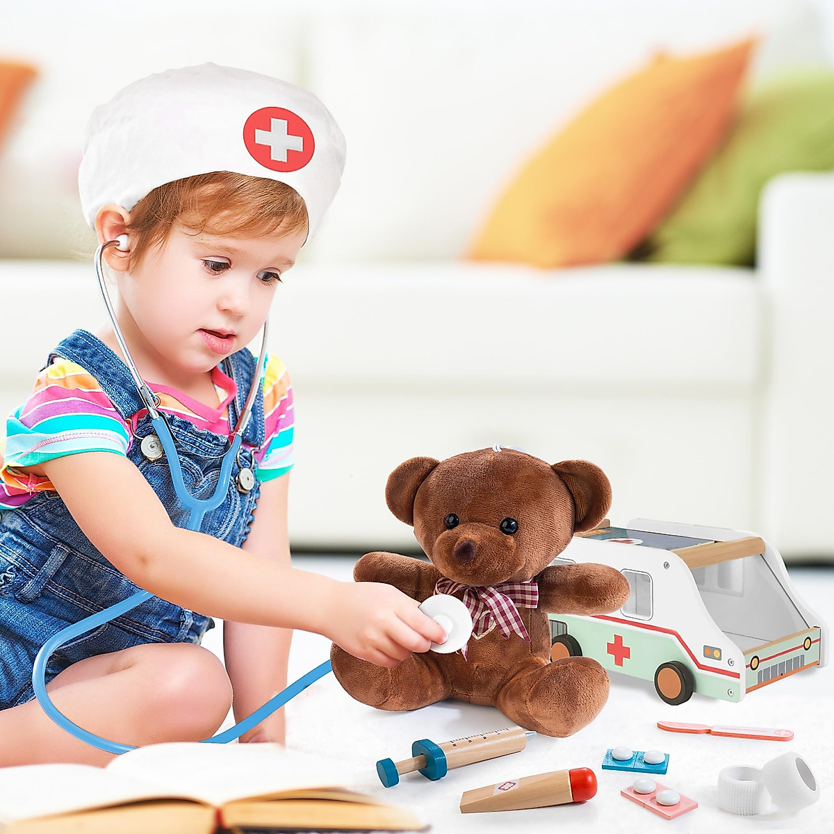 Wooden Doctor Kit for Kids, 37pcs Pretend Play Medical Kit with Ambulance Toy & Plush Bear, Imagination Doctor Role Play Set for Boys Girls Age 3 4 5 6 7