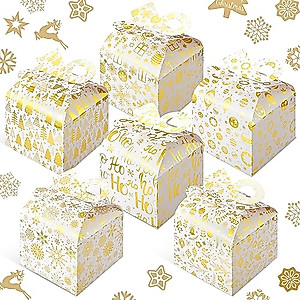Fulmoon 24 Pcs Christmas Gift Boxes Metallic Christmas Treat 3D Xmas Goody Candy Cookie with Bow Paper Goodie Gift Wrapping Boxes for Holiday Party Favor Supplies(Gold)