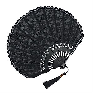 Folding Hand Fan Folding Fan Handheld Folded Fan Black Embroidery Shell-Shaped Lace Cheongsam Folding Fan Dance Ancient Style Small Round Fan Foldable Fan Hand Held Fans (Color : B, Size : 22cm)