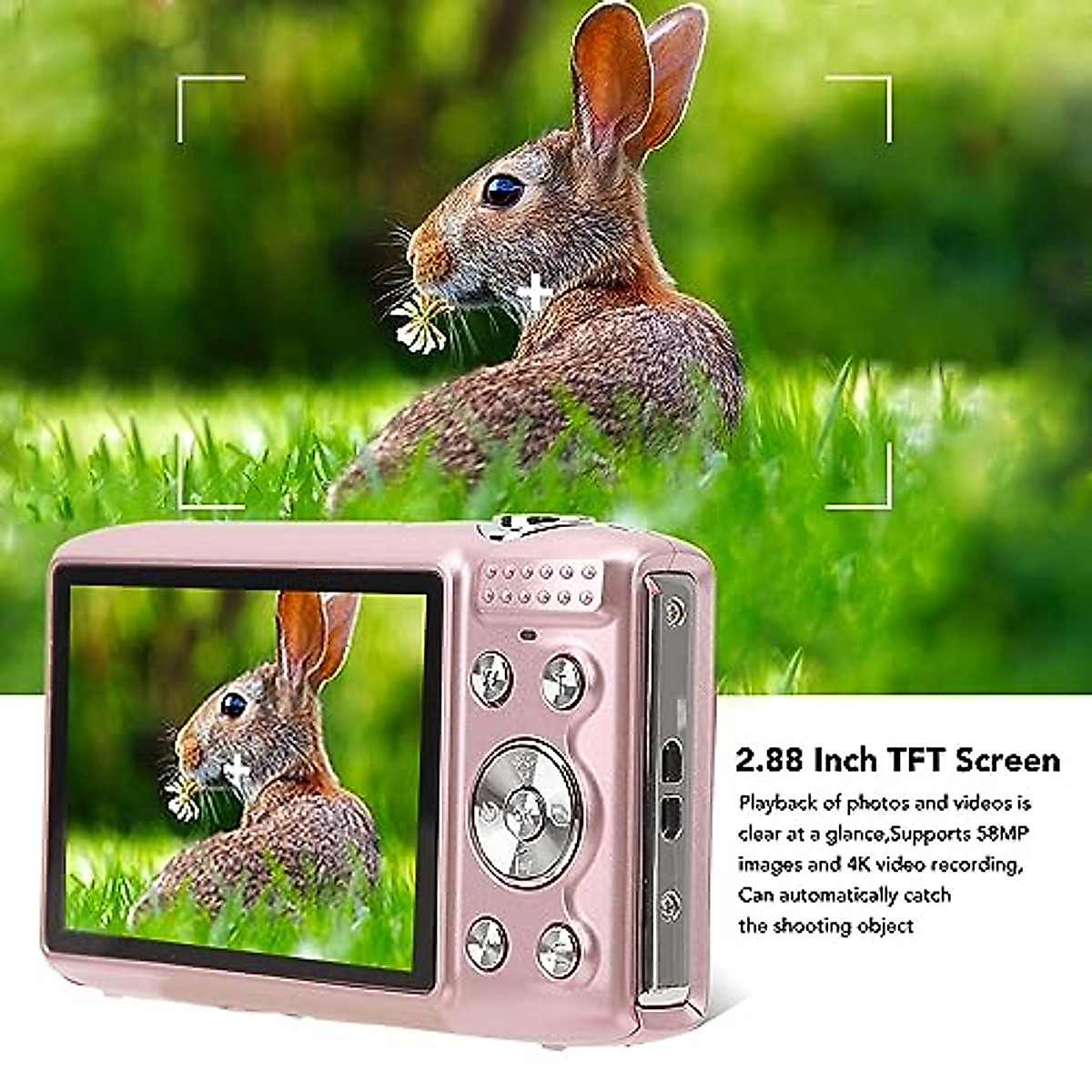 Digital Camera, Multi Function 58M 4K Timed Photography Digital Video Camera 2.88 Inch Screen 16X for Daily Life (Pink)