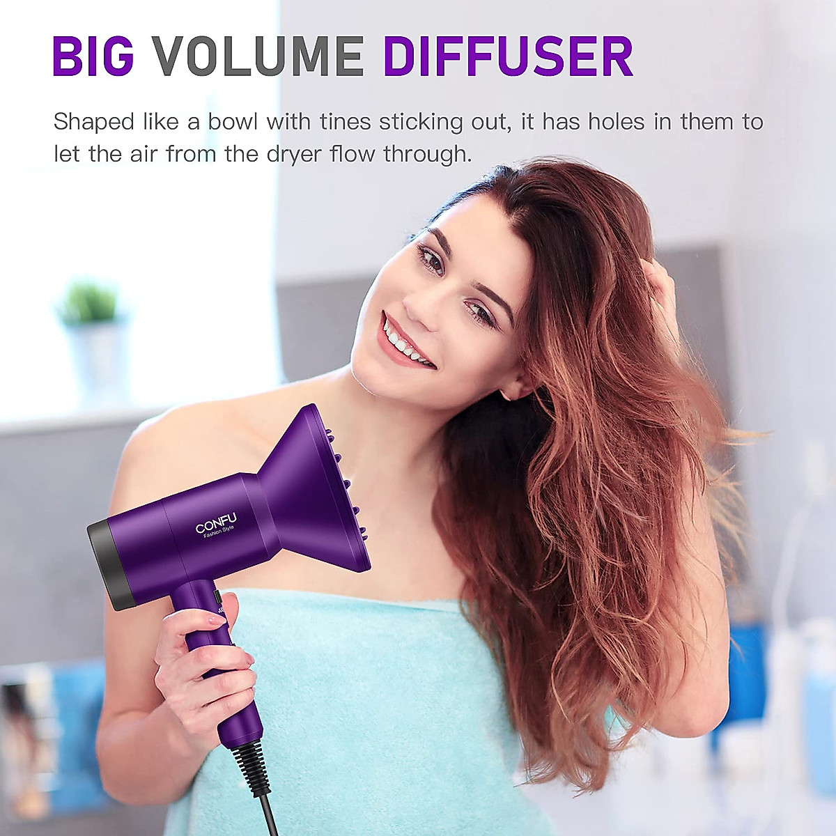 CONFU 1600W Hair Dryer, Lightweight Hair Blow Dryer, Ionic Hair Dryers with Diffuser & Concentrator & Cool Shot Button for Travel Salon Home Use, Purple