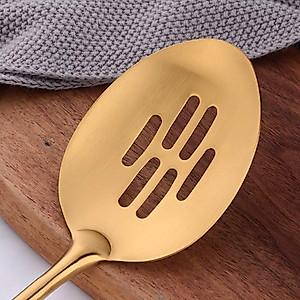 7 Pcs Round Handle Cooking Utensil Set, 304 Stainless Steel Gold Titanium Plated Cookware Sets with Public Fork/Spoon, Potato Mashers, Slotted Spatula, Soup Ladle, Pasta Server, Kitchen Tool Gadget