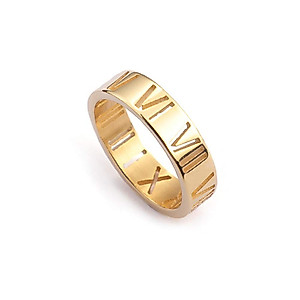 Elefezar Openwork Roman Numeral Stainless Steel Ring for Women Dainty Band Plated Jewelry Gold 8