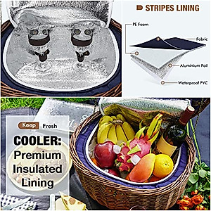 Unique Willow Picnic Basket for 2 Persons, Natural Wicker Picnic Hamper with Service Set and Insulated Cooler Bag - Best Gifts for Father Mother