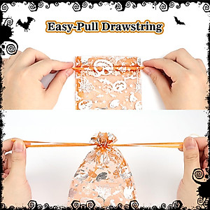 JOINDO 100 pcs Halloween Treat Bags for Candy, 4x6 Drawstring Organza Goodie Bags, Small Gift Bags for Party Favor (Pumpkin, Spider web, Skull, Bat)