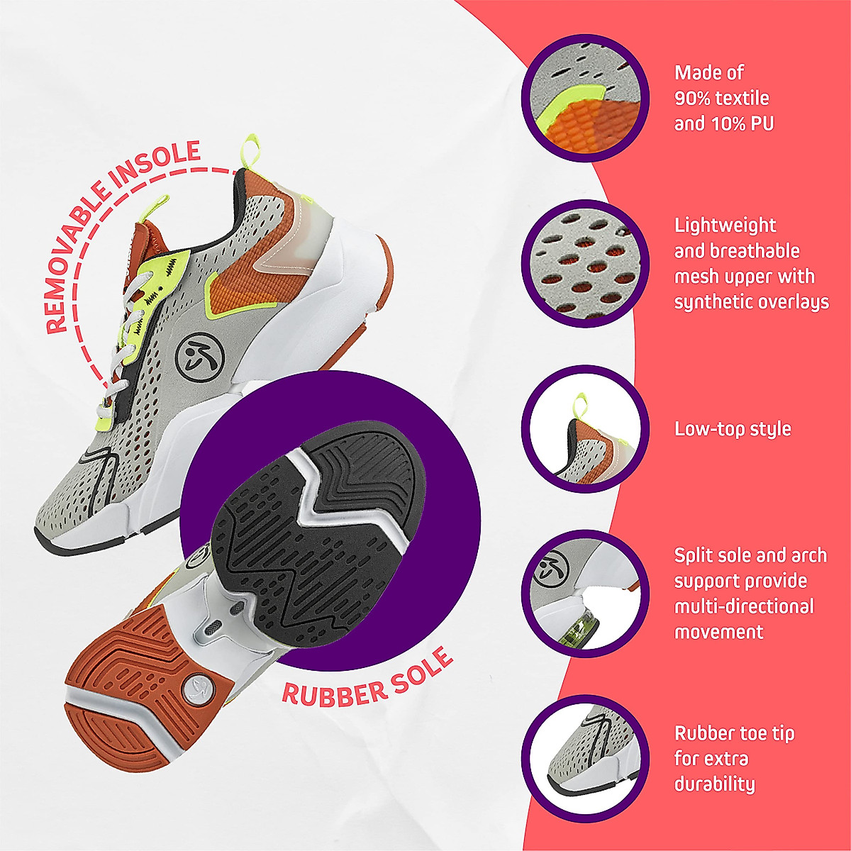 ZUMBA Women’s Air Stomp React Athletic Shoes, Low-Top Shoes for Women, 12, Orange