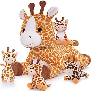 Muiteiur 5 in 1 Big Giraffe Stuffed Animals Set, 22 inch Large Mommy Stuffed Giraffe Plush with 4 Cute Small Giraffe Babies Toy, Soft Giraffe Plush Pillow for Boys Girls