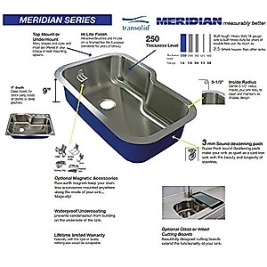 Transolid MTSO25229-1 Meridian 1-Hole Drop-in Single Bowl 16-Gauge Stainless Steel Kitchen Sink, 25-in x 22-in x 9-in, Brushed Finish