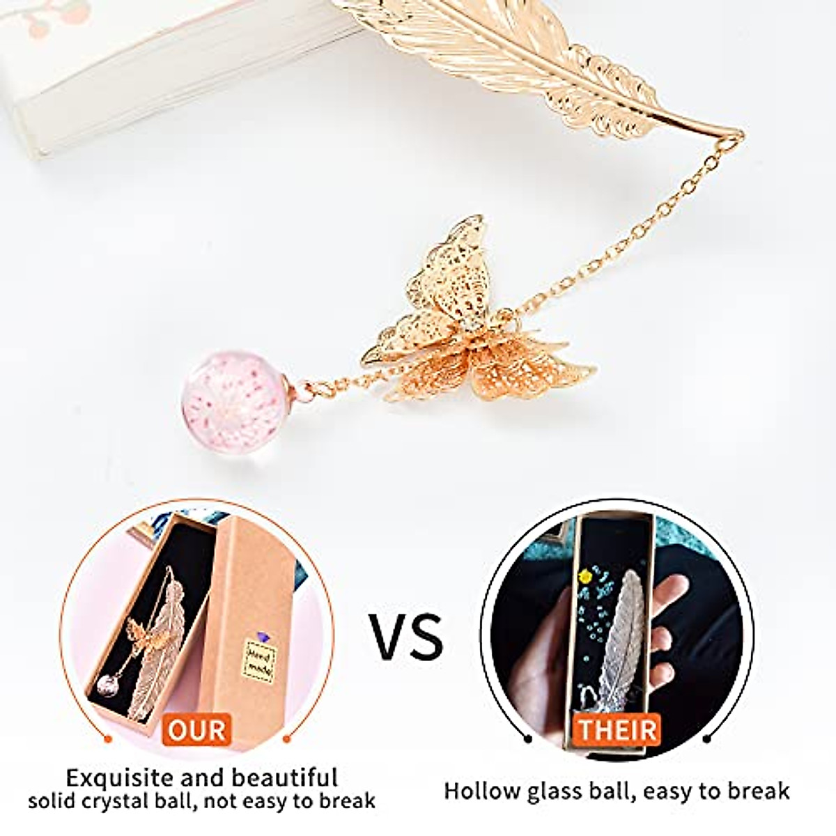 Gold Feather Bookmark 3D Butterfly Book Markers for Women Kids Men Book Lovers Reader Teacher Student Gift