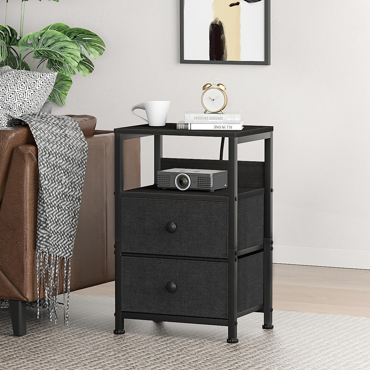 OELUBBY Nightstand with Charging Station & USB Ports, End Table with Fabric Drawers Storage Shelf, Sofa Bed Side Table Night Stand for Bedroom Living Room, Black