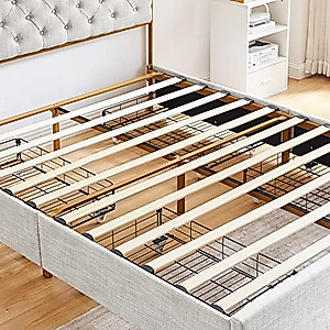 Maxzzz Queen Size Bed Frame with Four Storage Drawers & Upholstered Headboard - Elegant Golden Paint Finish, Sturdy Metal & Solid Wood Construction, No Box Spring Needed, Light Gray