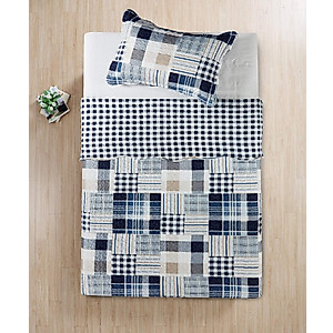 Brilliant Sunshine Plaids and Stripes Quilt Set, 2-Piece Bedding Sets with 1 Sham, Patchwork Design, Washable and Reversible Bedspread, Soft Lightweight Coverlet, All-Season, Twin/Twin XL, Blue