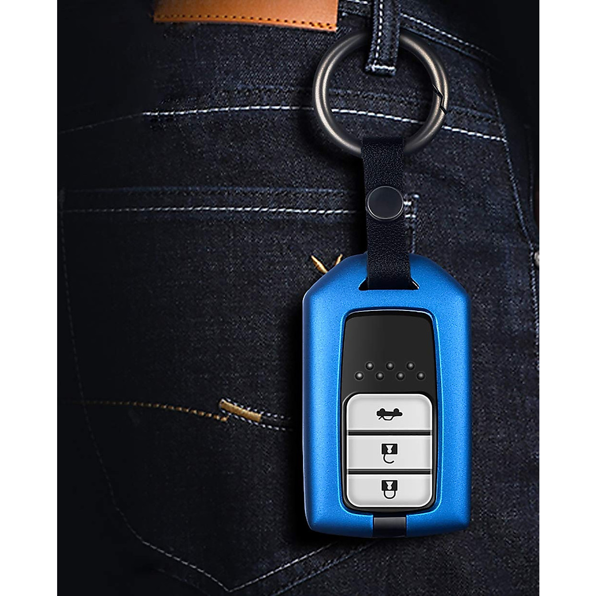 ontto for Honda Key Fob Cover Case Jacket Stylish Key Holder Sleek Metal Shell with Leather Keychain Compatible with Honda Accord Civic CR-V CRV Black