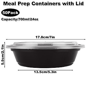 LDHHYH 50 Pack 24 oz / 700 ml Meal Prep Containers with Lids, Plastic Thick Food Storage Containers, Round Meal Prep Bowl, BPA-Free, Freezer & Dishwasher Safe-Black