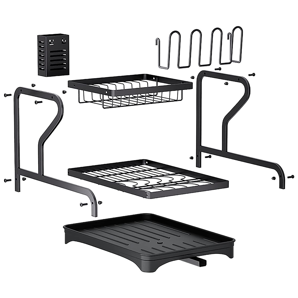 LIMORUNS 2 Tier Dish Rack Dish Drying Rack with Drainboard, Dish Drainer Rack with Utensils, Rustproof Large Black Dish Holders for Kitchen Counter Escurridor De Platos para Fregadero Father's Gift