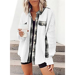 SHEWIN Womens Waffle Knit Plaid Shacket Button Down Shirts Jacket Boyfriend Shirts Long Sleeve Tops Fall Clothes for Women 2024 White S
