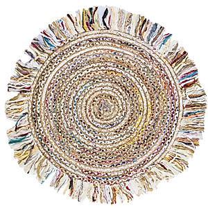 SAFAVIEH Cape Cod Collection Area Rug - 4' Round, Ivory & Light Beige, Handmade Boho Fringe Jute & Cotton, Ideal for High Traffic Areas in Living Room, Bedroom (CAP206B)