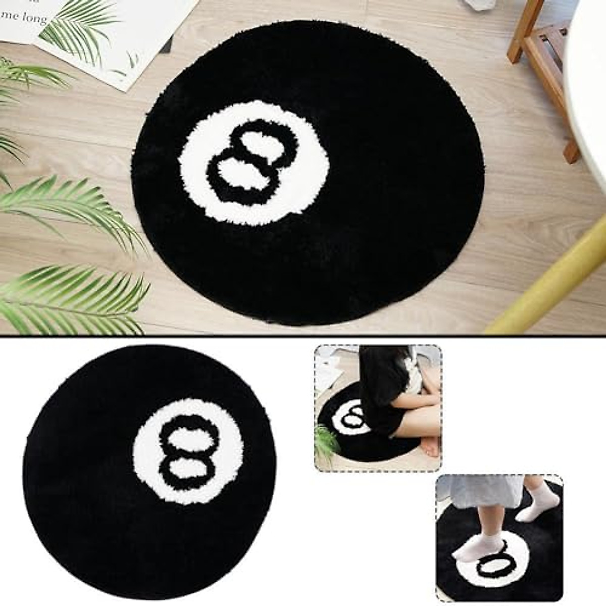 8 Ball Black Area Rug, Soft & Fluffy Billiard Pool Eight Ball Carpet Non-Slip Flocking Floor Rug for Living Dining Dorm Room Bedroom Decor