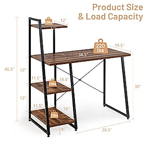 POWERSTONE Storage Gaming Table Wood Home Office Work Writing Student Teacher Desk with Shelves College Supplies Brown