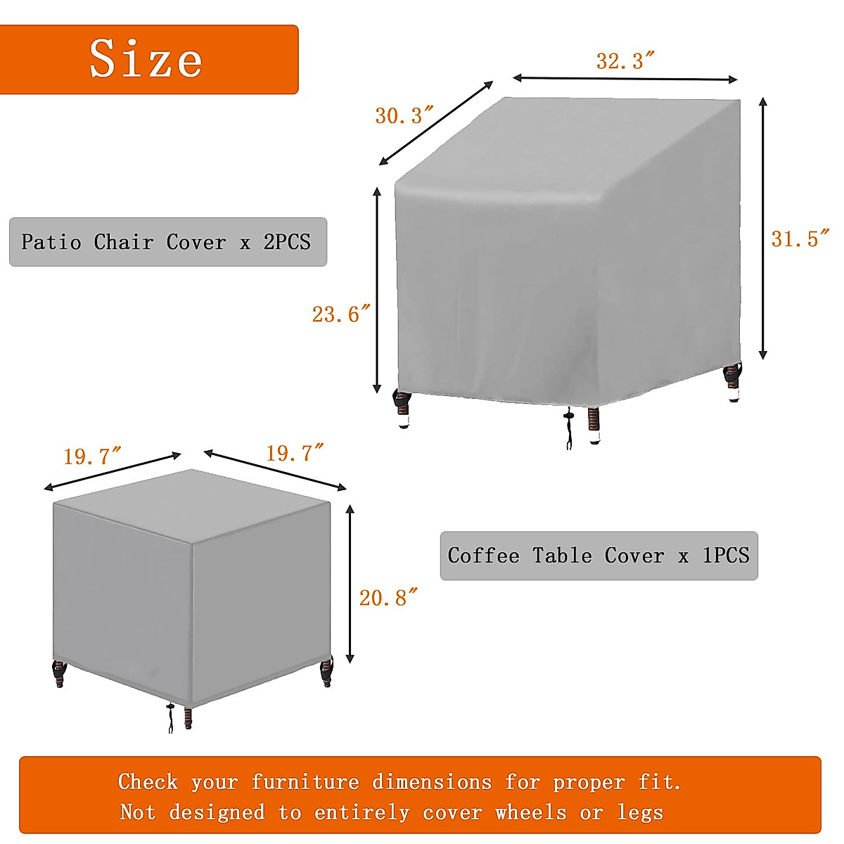 3 Piece Outdoor Veranda Patio Garden Furniture Cover Set with 420D Waterproof Fabric, Patio Furniture Covers Set with Windproof Buckle Strap Fit for Outdoor Wicker Rattan Chair Sets, Grey