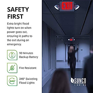 Sunco Lighted Exit Signs for Business with Battery Backup, Emergency LED Exit Light Combo, 120-277V Double Sided with Two LED Flood Lights, Fire Resistant UL 94V-0, Commercial Grade 6 Pack