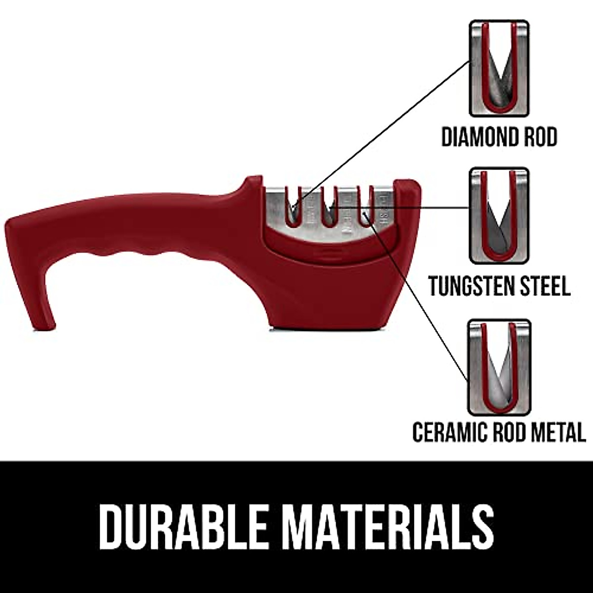 Gorilla Grip Easy to Use Knife Sharpener, 3 Sharpening Options to Help Polish, Sharpen and Repair Kitchen Knives, Restore Dull Blades, Slip Resistant Handle, Durable, Professional Chef Quality, Red