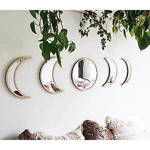 YUBAIHUI 5pcs Boho Home Wall Decor Moon Phase Decorative Mirror Set Acrylic Bedroom Bohemian Decoration Self Adhesive Ornament Living Room Decor (Beige)