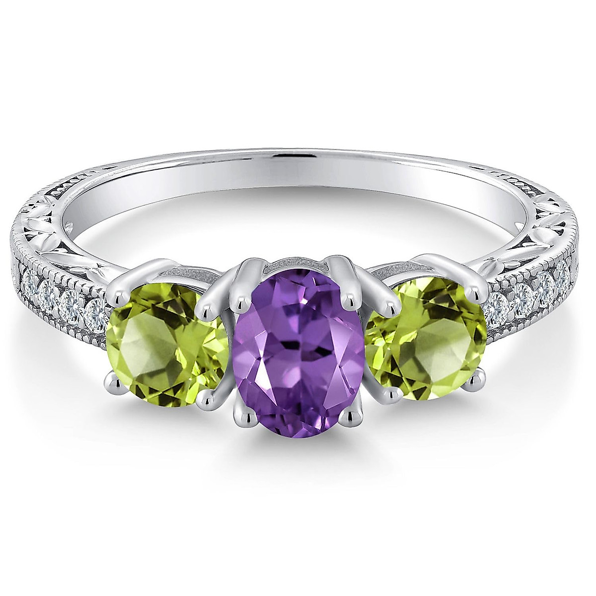 Gem Stone King 925 Sterling Silver Purple Amethyst and Green Peridot 3-Stone Engagement Ring For Women (2.01 Cttw, Oval Gemstone Birthstone, Available in size 5, 6, 7, 8, 9)