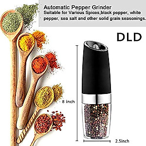 Electric gravity pepper grinder or salt grinder with adjustable thickness, automatic pepper grinder battery, with blue LED light, DLD one-hand operation, brushed stainless steel (1 piece Black)