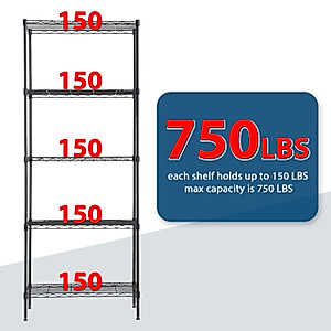 24/7 Shop at Home Nigel Industrial 5 Tier Wire Shelving Rack with Adjustable Shelves and NSF Certified, Metal Storage Shelves for Kitchen, Office, Garage, Basement, Laundry Room, Black