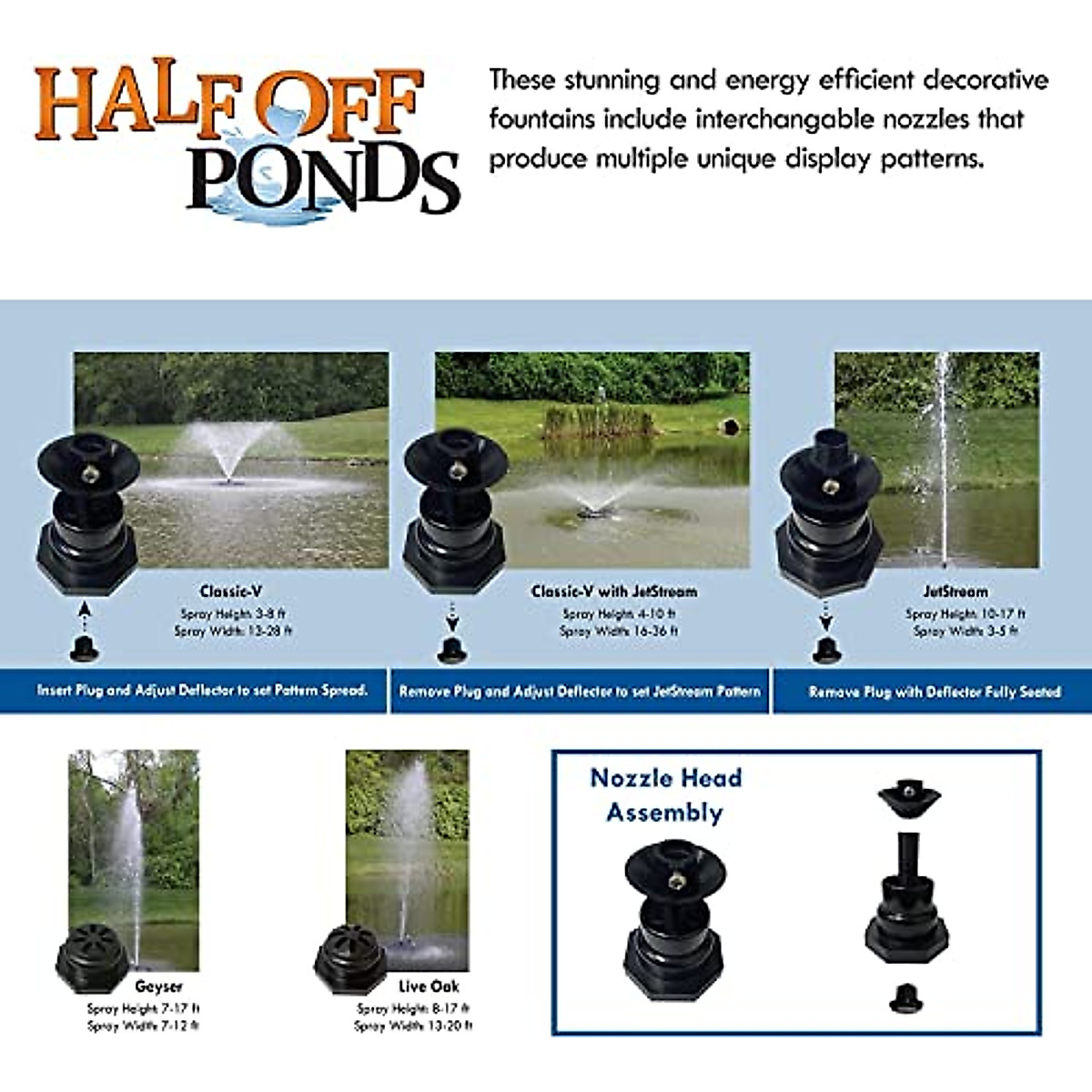HALF OFF PONDS Aqua Marine Floating Fountain with Large Float, (3) Spray Pattern Nozzles, 3,000 GPH Pump with 100' Cord and (3) 3-Watt Color Changing Light Kit with Remote - AQF30003X3-100