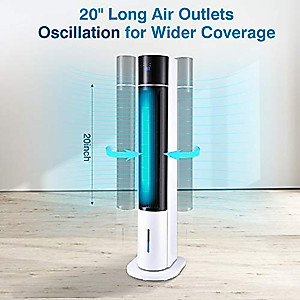 Evaporative Air Cooler, Indoor Oscillating Swamp Cooler Fan with Remote, 3 Mode / 3 Speeds Air Cooler, Bladeless 43in Air Conditioner Fan for Bed Room, Office, 3L Water Tank, 12H Timer, 2 Ice Boxes