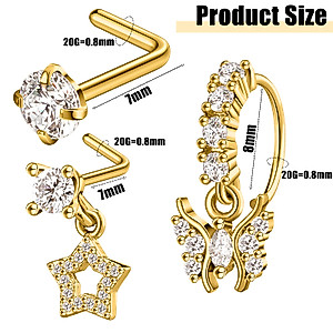 Trnayi 24 Pieces 20g Dangle Nose Rings Dangling Nose Piercings Stud Jewelry for Women Men Indian l Shaped Nose Ring Hoop (Gold)