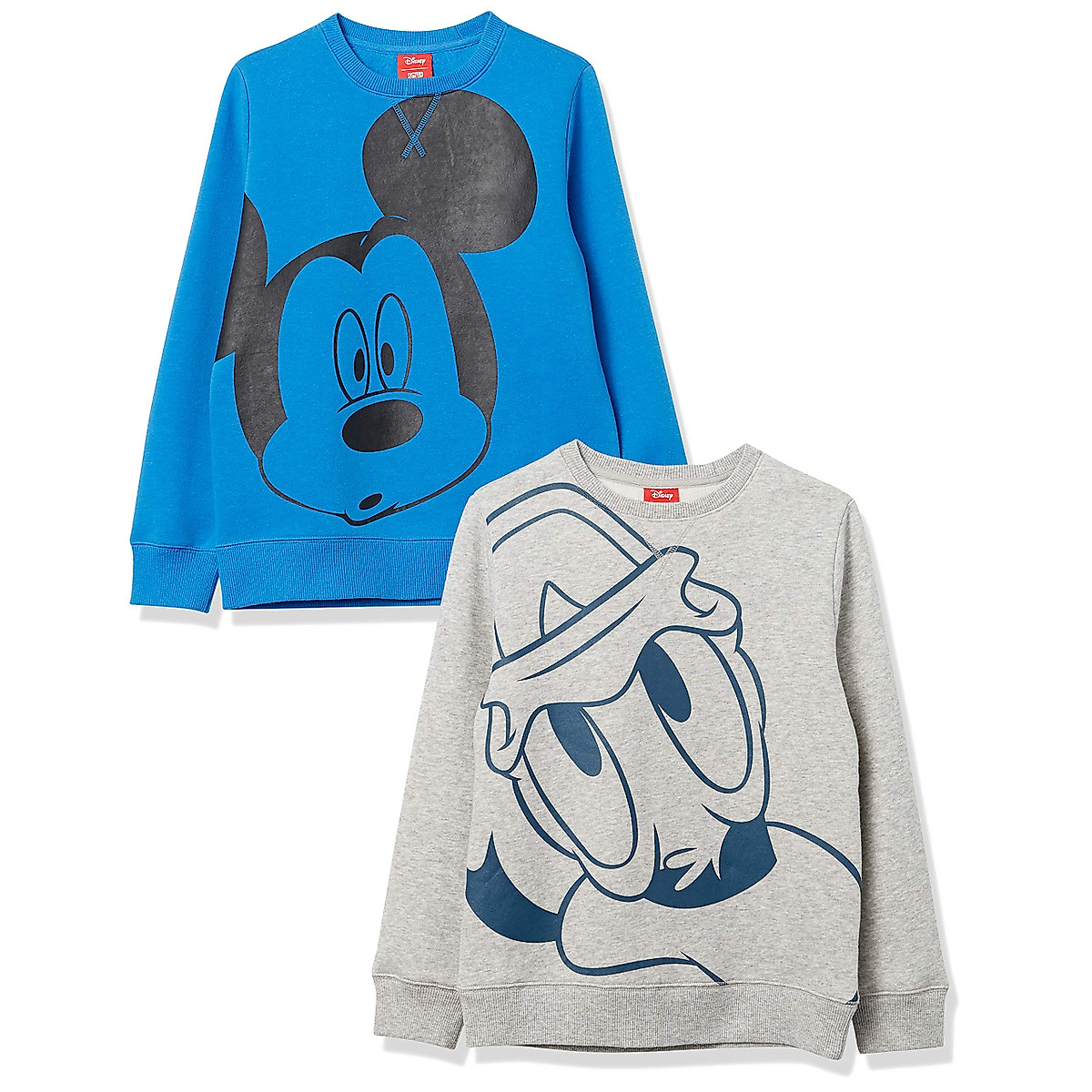 Amazon Essentials Disney | Marvel | Star Wars Boys' Fleece Crew Sweatshirts (Previously Spotted Zebra), Pack of 2, Grey/Blue, Mickey, Small