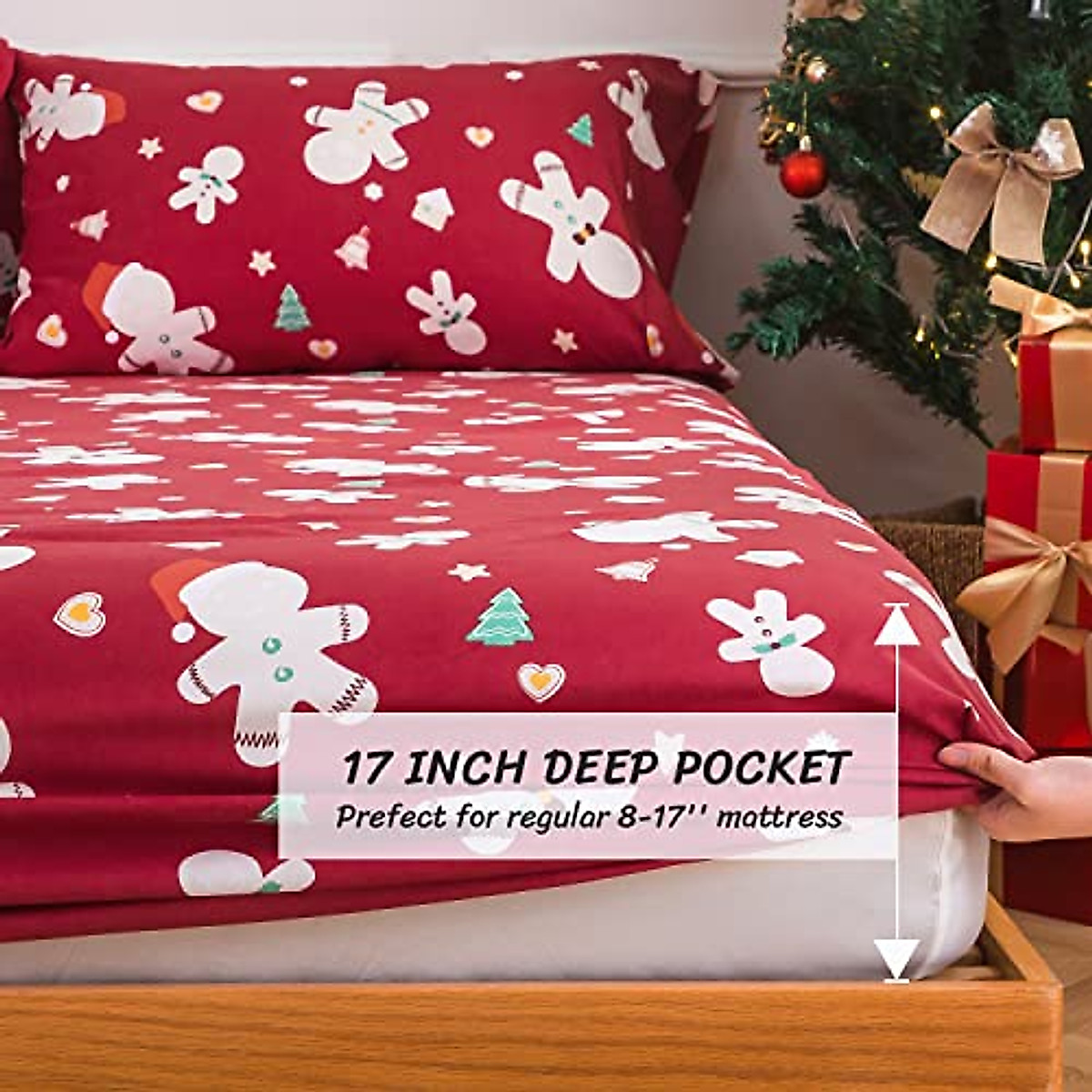 KACEMOO Twin Size Christmas Sheet Set Soft 1800 Thread Count Christmas Sheets Printed Bed Sheets, Deep Pocket Warm Sheet Winter Holiday Sheets Machine Washable Patterned Double Brushed Bed Sheets