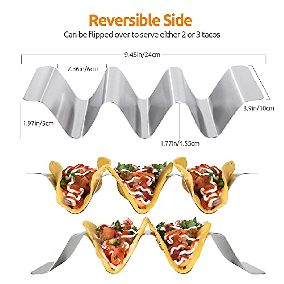18/8 Stainless Steel Taco Holders: U-Taste Soft Hard Taco Shell Rack Oven Safe Metal Corn Tortilla Serving Tray Plates Stand Set with Handle and Rounded Curves (Set of 4)