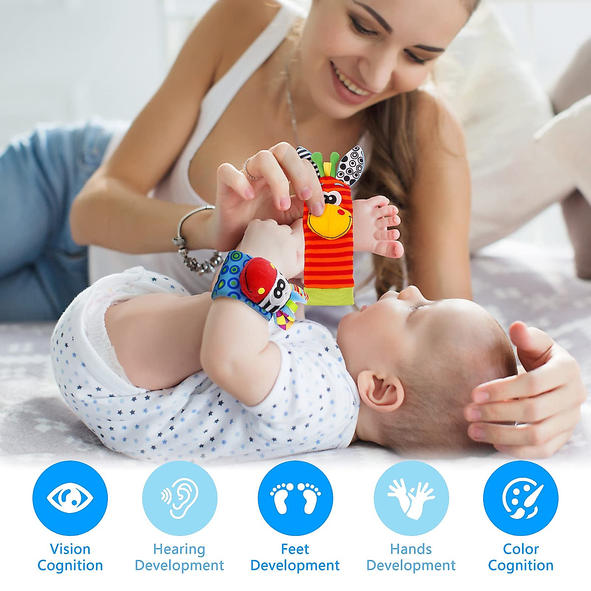 Baby Wrist Rattles Sock Toys - Newborn Baby Sock Toys 0-6 Months Foot Finder and Wrist Rattle Set, Infant Rattle Socks Toy 3-6 Months, Soft Sensory Toys for 0-12 Months Toddler Newborns Boy Girl Gift