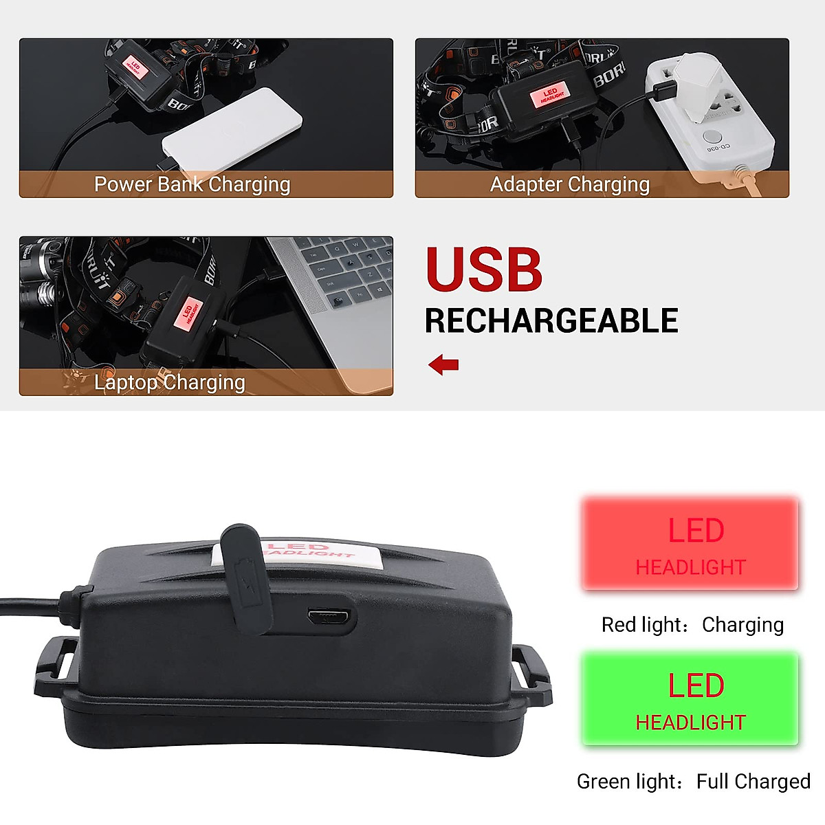 BORUIT RJ-3000 LED Green Headlamp,3 Modes White and Green LED Hunting Headlight,USB Rechargeable 5000 Lumens Tactical Head lamp for Fishing Running Camping Hiking