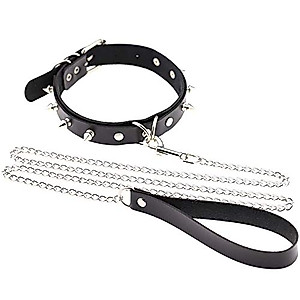 Daimay Leather Goth Choker Collar Circle Choker Necklace PU Punk Rock Collar Adjustable Size with Pulling Chain - Black with Rivet