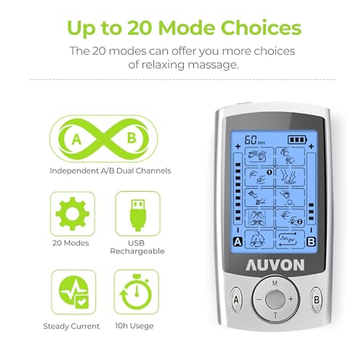 AUVON Dual Channel TENS Unit Muscle Stimulator Machine with 20 Modes, 2" and 2"x4" TENS Unit Electrode Pads