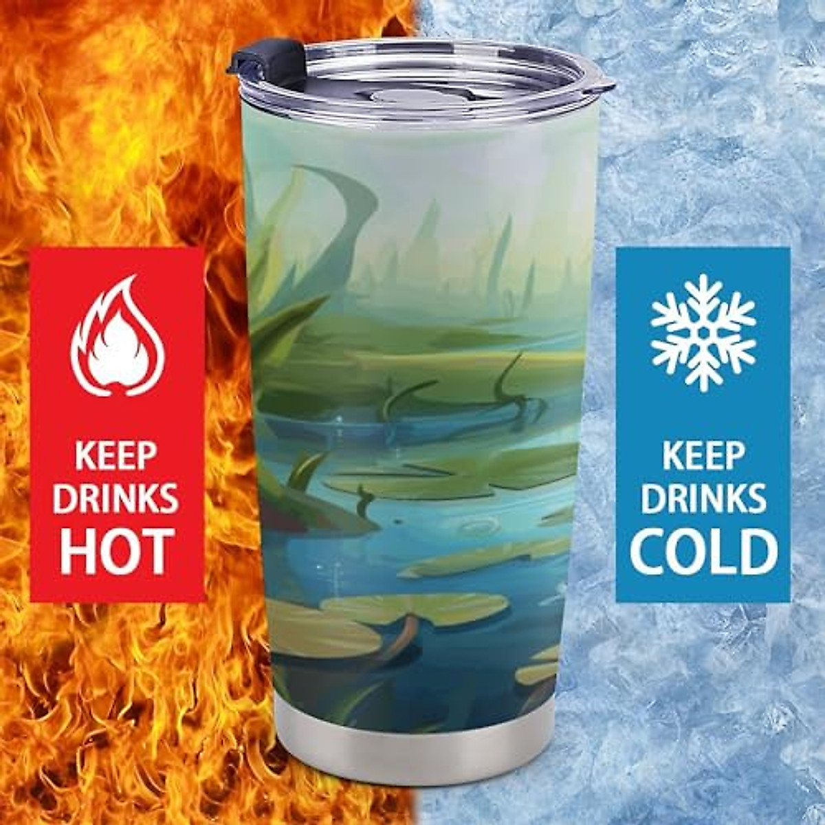 FHENMSA Reusable Plastic Water Cups with Lids,Frog in A Pond Print Anti-overflow Cup,sports Travel Coffee Cup