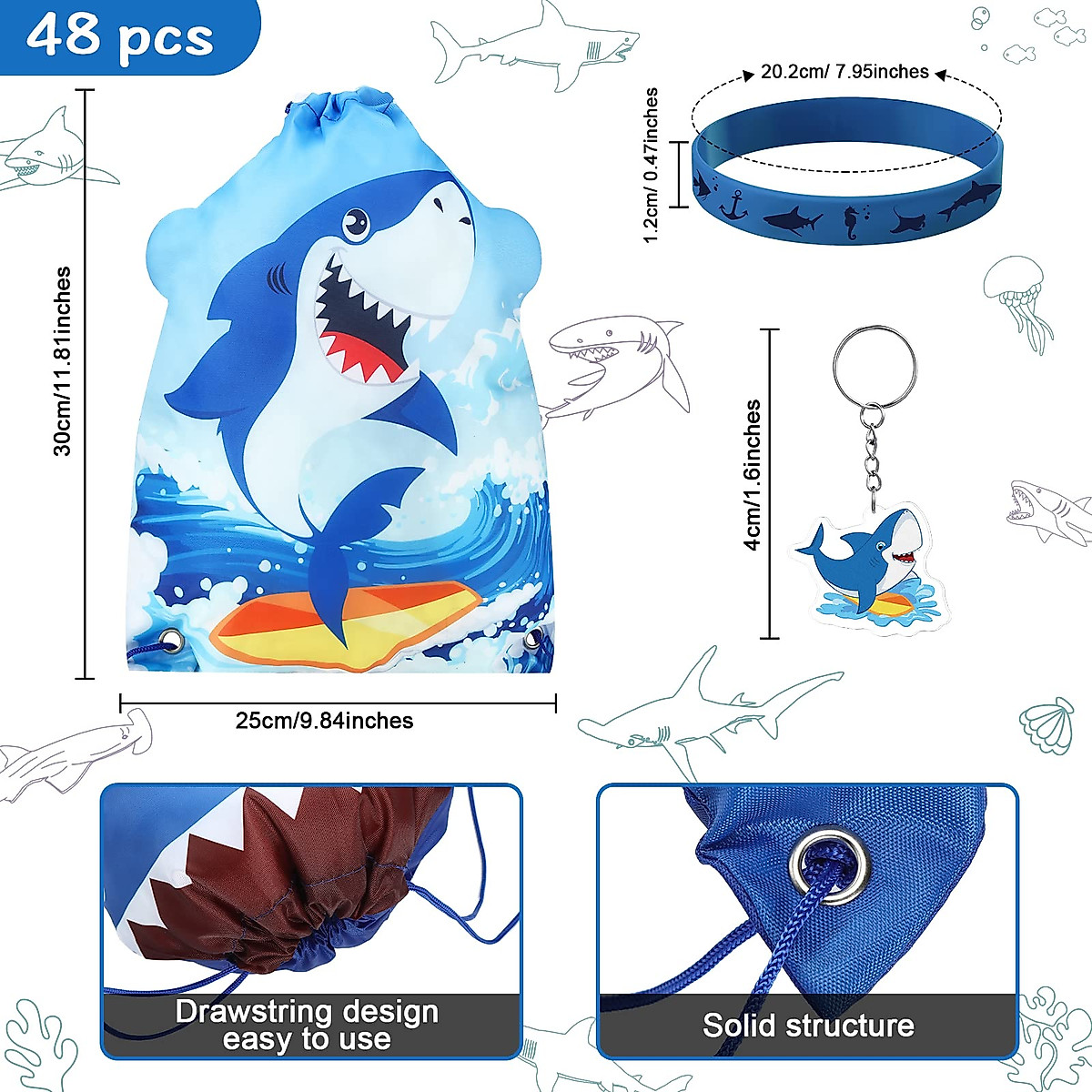 Talltalk 48 Pcs Shark Party Supplies Blue Ocean Pool Party Favor with 16 Pcs Shark Party Drawstring Bag Goodie Bags 16 Shark Wristband 16 Shark Keychain for Shark Birthday Party Supplies Decorations