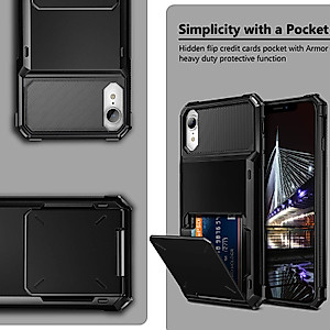 Vofolen for iPhone XR Case Wallet ID Slot Credit Card Holder Spring Pocket for Men Women Scratch Resistant Dual Layer Protective Bumper Rugged TPU Rubber Armor Hard Shell Cover for iPhone XR 10R Black