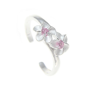 Arthur's Jewelry 925 sterling silver Hawaiian double plumeria flower pink cz open toe ring