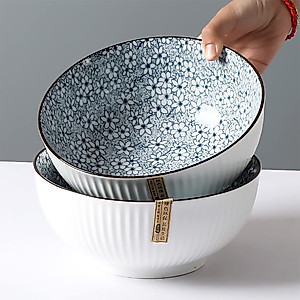 Houlu 60 oz Pho Bowls, Large Soup Bowl, Japanese Ramen Bowl Set, 8 inches Big Porcelain Bowls Set of 3, Floral Pattern