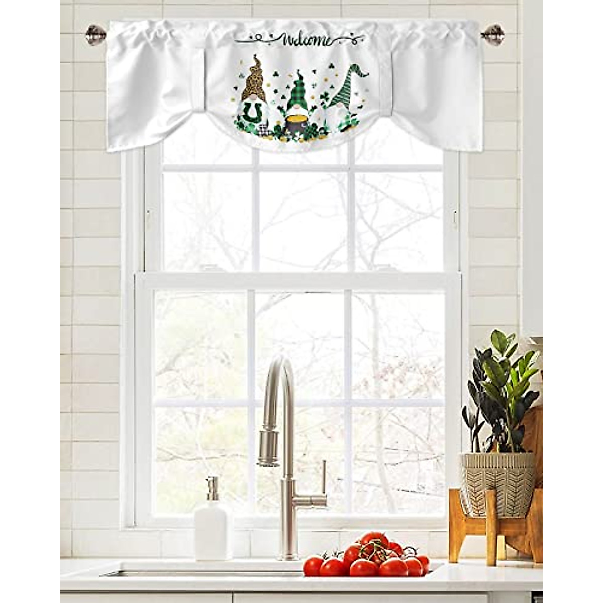 Semi-Sheer Kitchen Valances for Windows, Adjustable Tie Up Valances Curtains Light Filtering, St Patrick's Day White Background Shamrock Gnomes and Gold Coin Elegant Window Toppers Valances 42x18in
