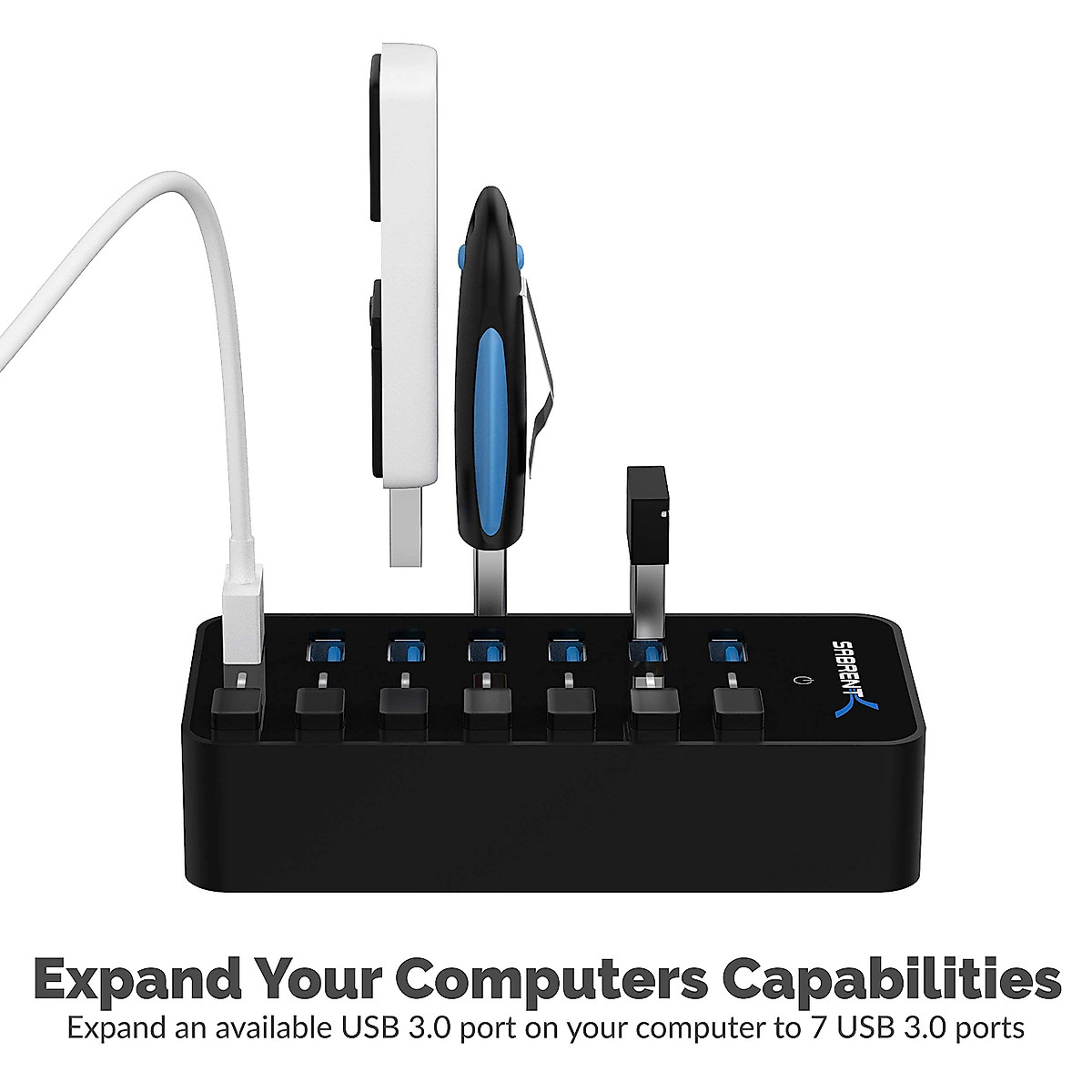 7 Port USB 3.0 Hub with Individual Power Switches and LEDs Includes 36W 12V/3A Power Adapter+USB 3.0 to SSD / 2.5 Inch SATA I/II/III Hard Drive Adapter