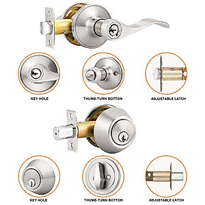 Probrico 4 Pack Keyed Alike Entry Handlset with Single Cylinder Deadbolts Combo Pack, Satin Nickel Door Lever for Front and Entrance Door, Interior and Exterior Entry Door Knobs Brushed Nickel