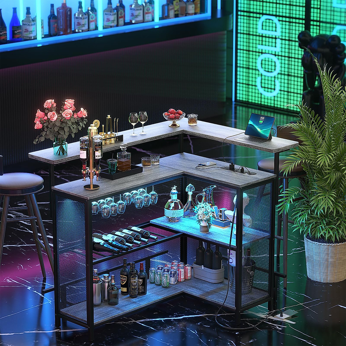 Hyomdeck L Shaped Home Bar with Power Outlet & LED Light, Corner Bar Cabinet with Footrest, Liquor Cabinet with Wine Glass Rack, Coffee Bar Table with Storage for Home Kitchen, Dining Room, Light Oak